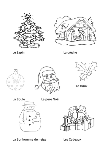 Christmas pictures to color in labeled in French | Teaching Resources