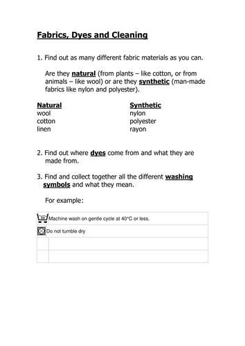 Fabrics worksheet | Teaching Resources