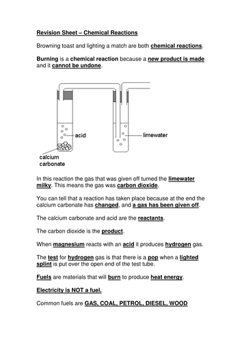 Chemical reactions revision sheet | Teaching Resources