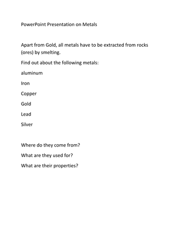 metals computer research sheet | Teaching Resources