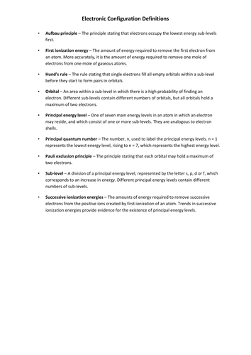 AS Electronic Configuration - Definitions | Teaching Resources